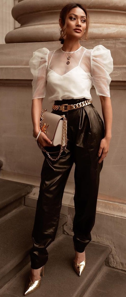 Fancy White Top Styled With Black Leather Pants and Teamed Up With ...