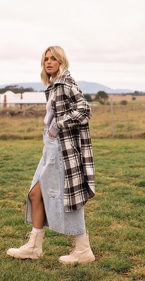 Checkered shacket + turtle neck knitted sweater + denim skirt ...